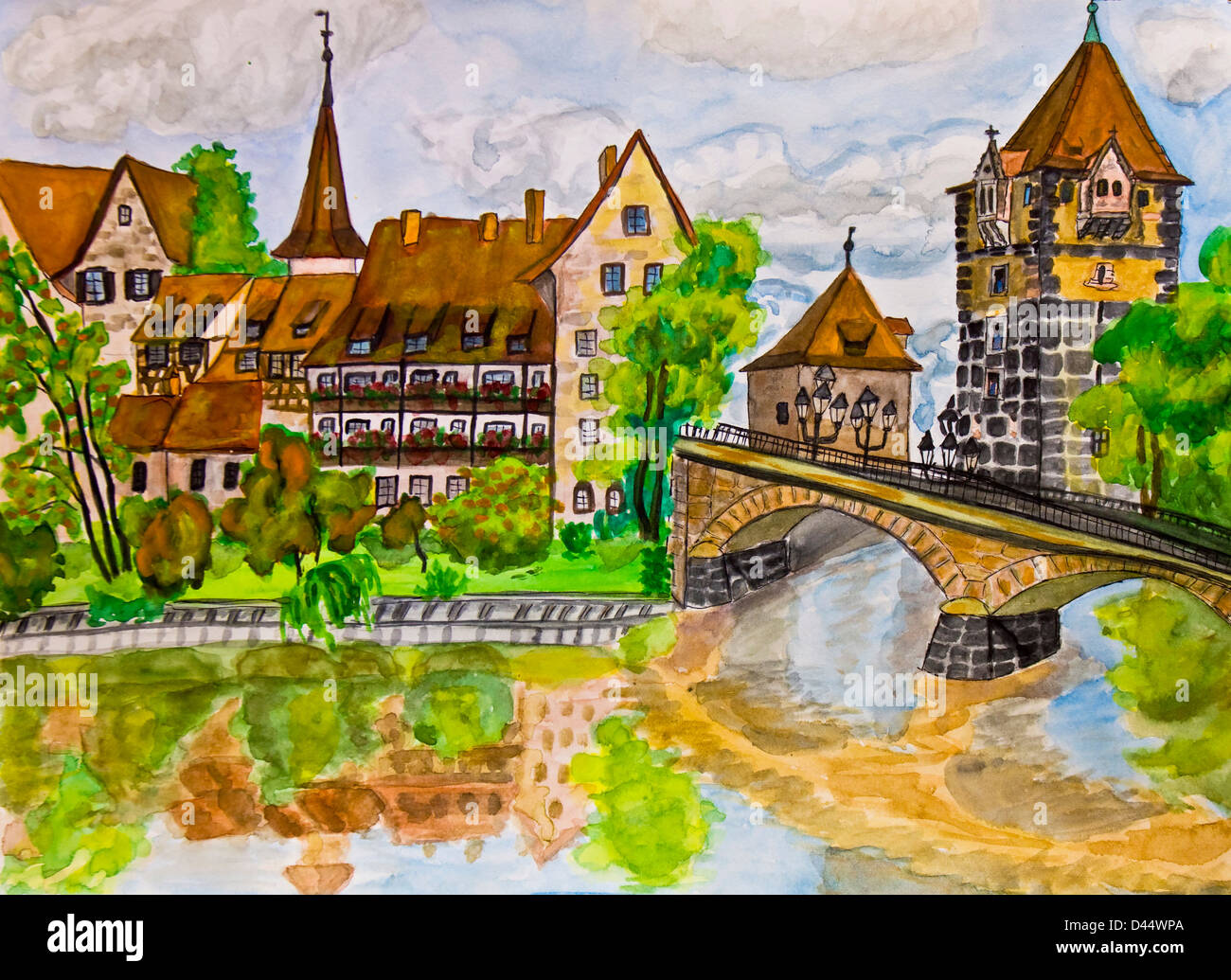 hand painted picture, watercolours, town Nuremberg in Germany Stock ...