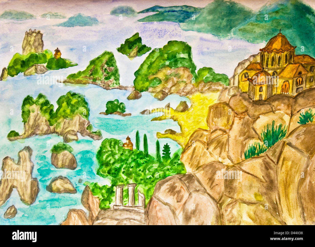 Hand painted picture, watercolours, landscape of Greece with orthodox ...