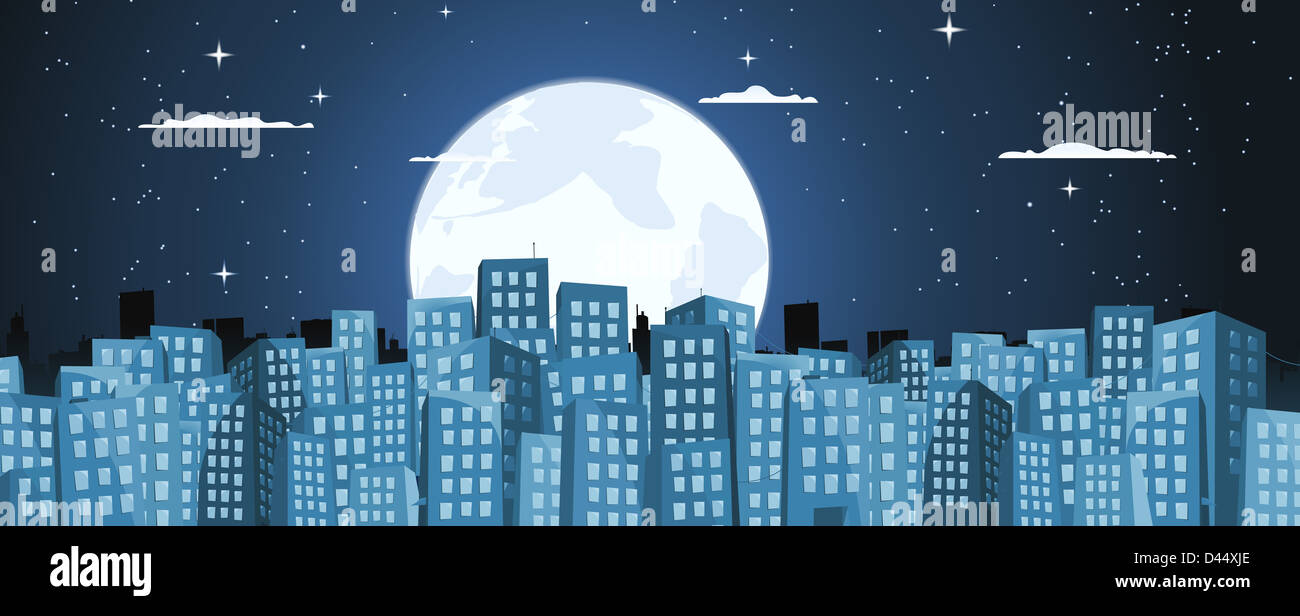 Illustration of a blue cartoon big city with buildings banner at night ...