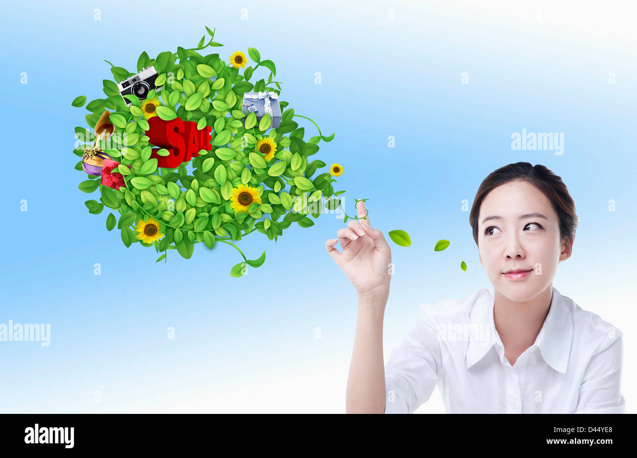 a woman with a green tear drop shape with a sale sign on Stock Photo ...