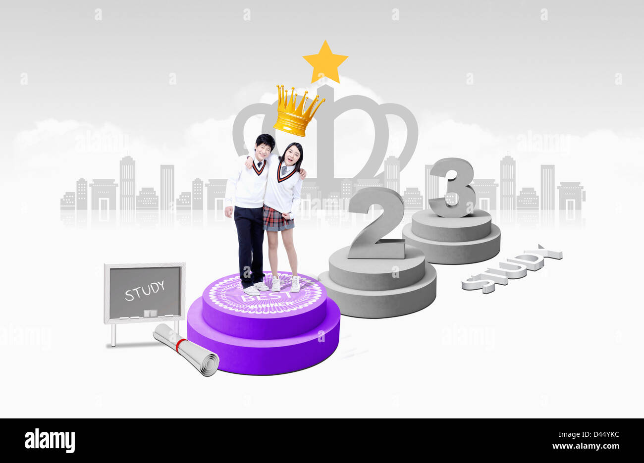 students standing on number one podium Stock Photo - Alamy