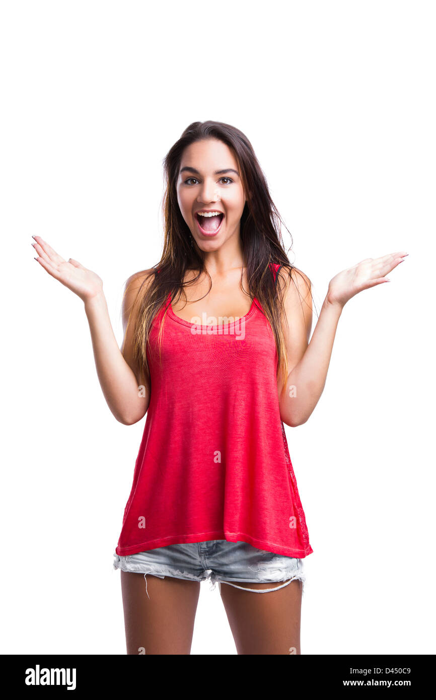 Beautiful young woman standing with arms open, isolated over a white ...