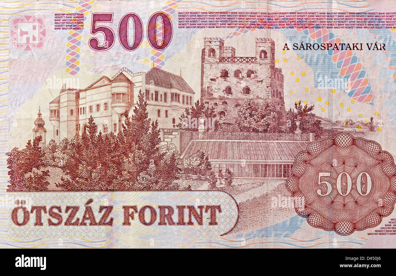 money of Hungary 500 forint macro with Castle of Sarospatak Stock Photo ...