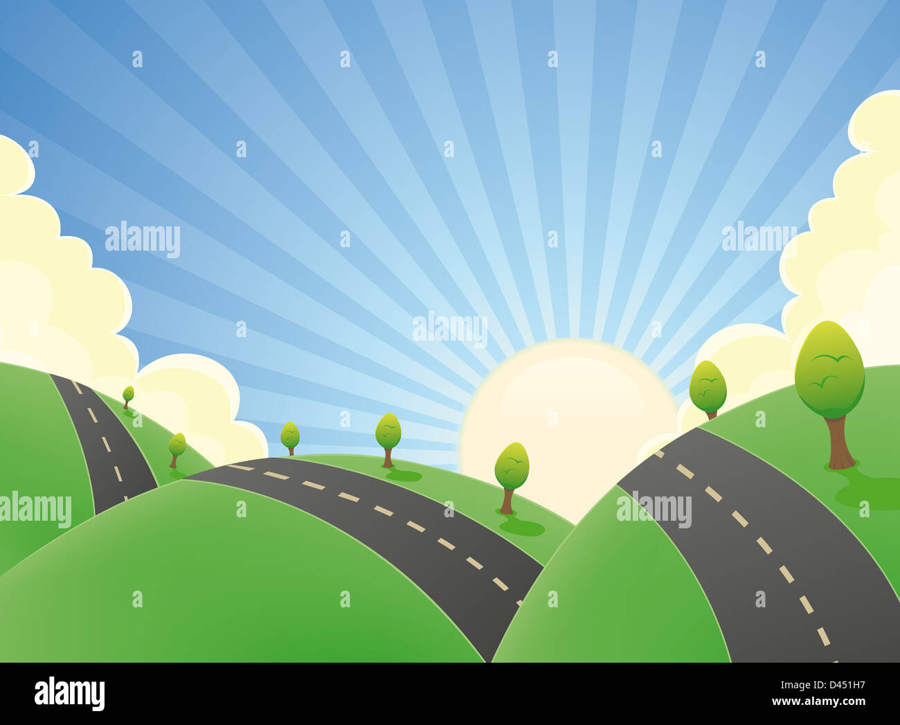 Illustration of a cartoon rounded road snaking in a spring or summer ...