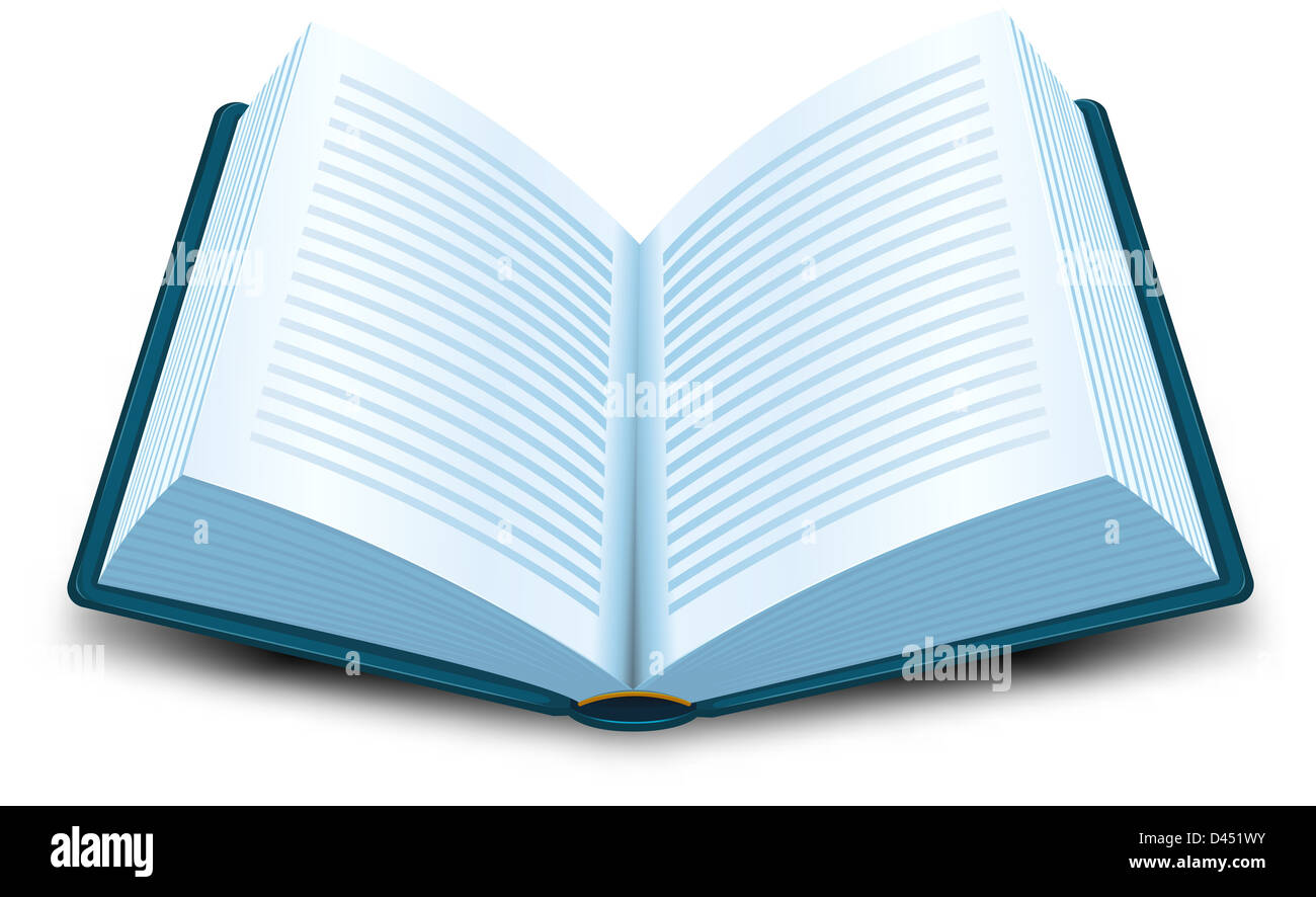 Illustration of a cartoon opened blue book with lines of text Stock ...