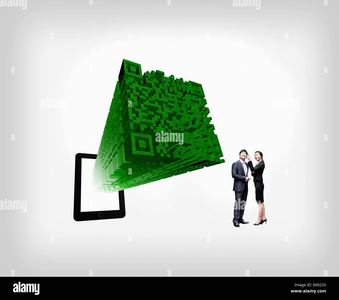 business people standing next to a green barcode Stock Photo - Alamy