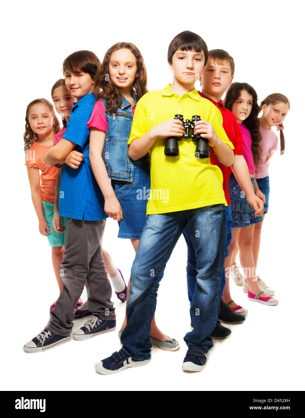 Big group of kids with confident boy holding binoculars Stock Photo - Alamy