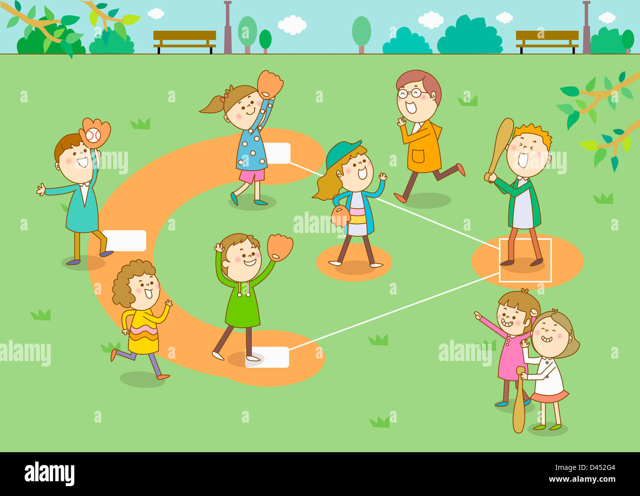 illustration of people playing baseball Stock Photo - Alamy