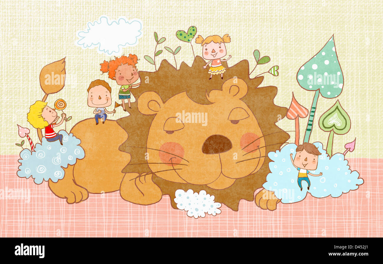 illustration of kids on lion Stock Photo - Alamy