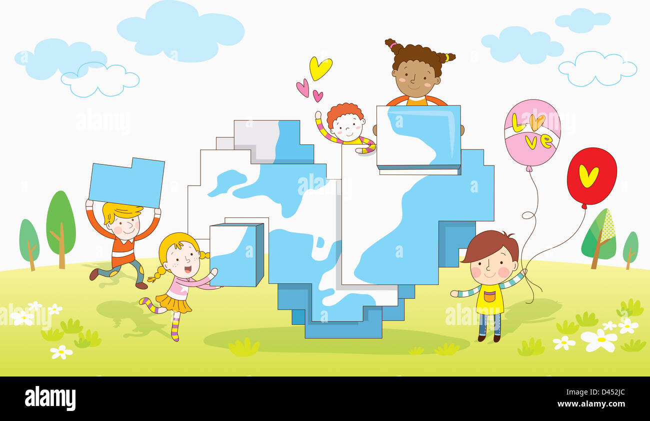 illustration of international kids with parts of a world map Stock ...