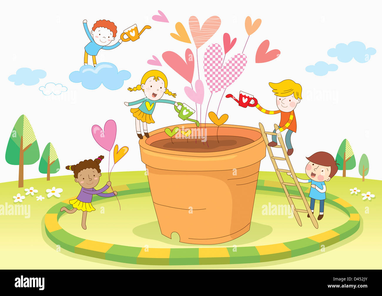 illustration of international kids planting together Stock Photo - Alamy