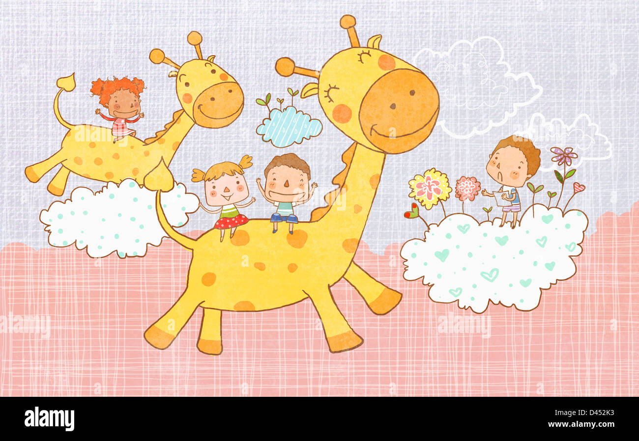 illustration of kids and giraffe Stock Photo - Alamy