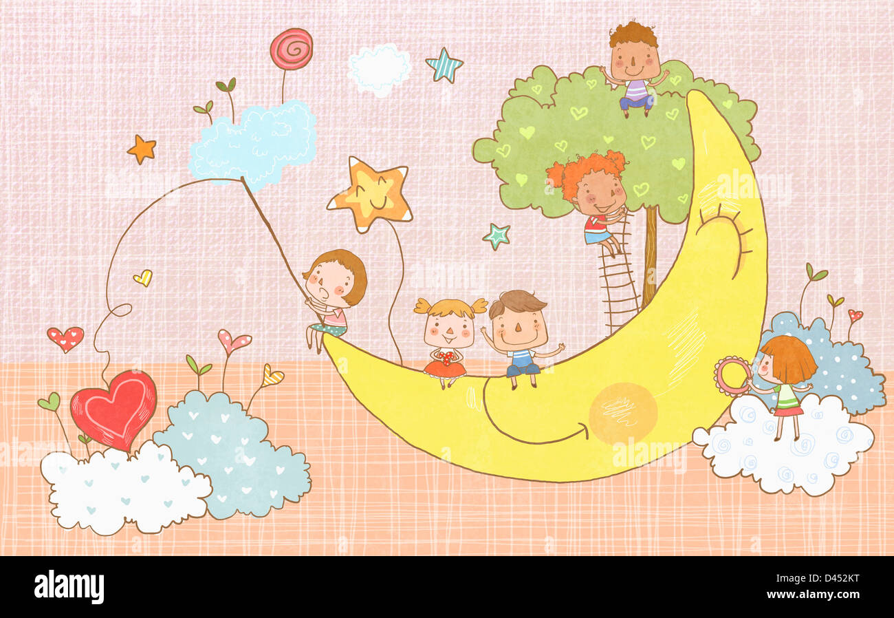 illustration of kids on moon Stock Photo - Alamy