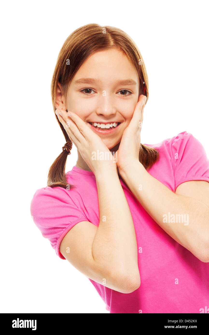 Nice, happy, exited and smiling 9 years old girl with pintails and ...