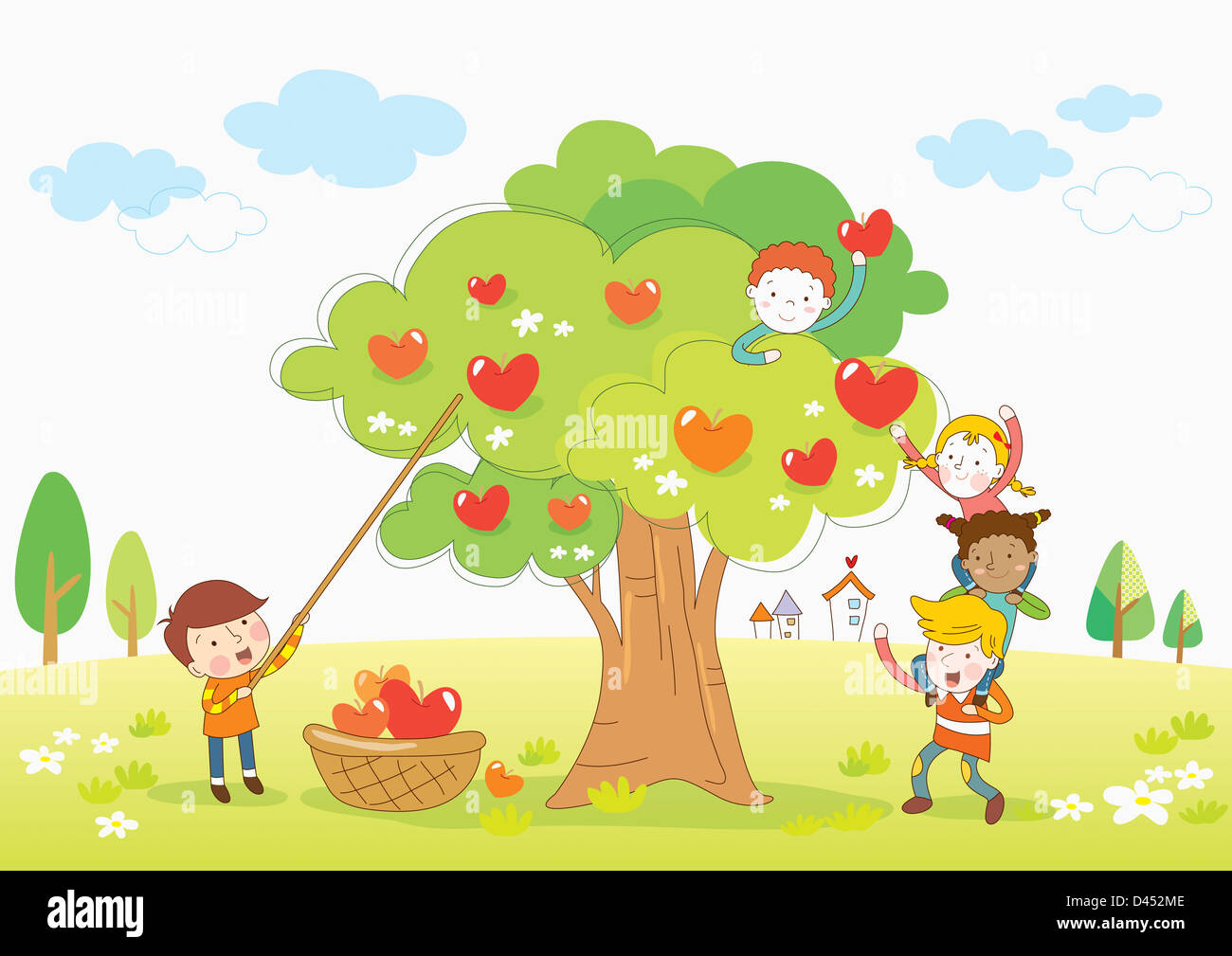 illustration of international kids harvesting apples Stock Photo - Alamy