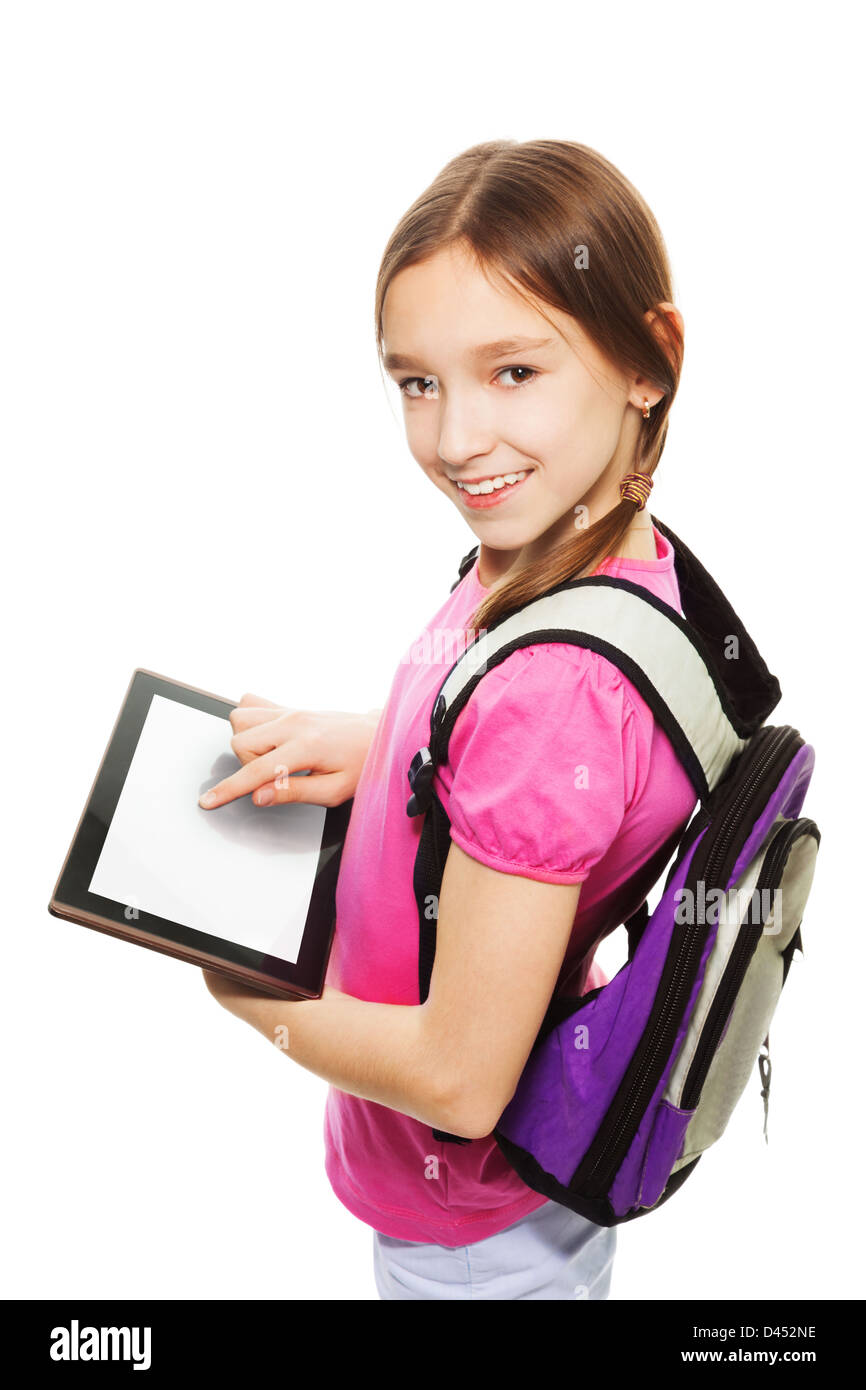 Smart Caucasian 9 years old girl showing new application on digital ...