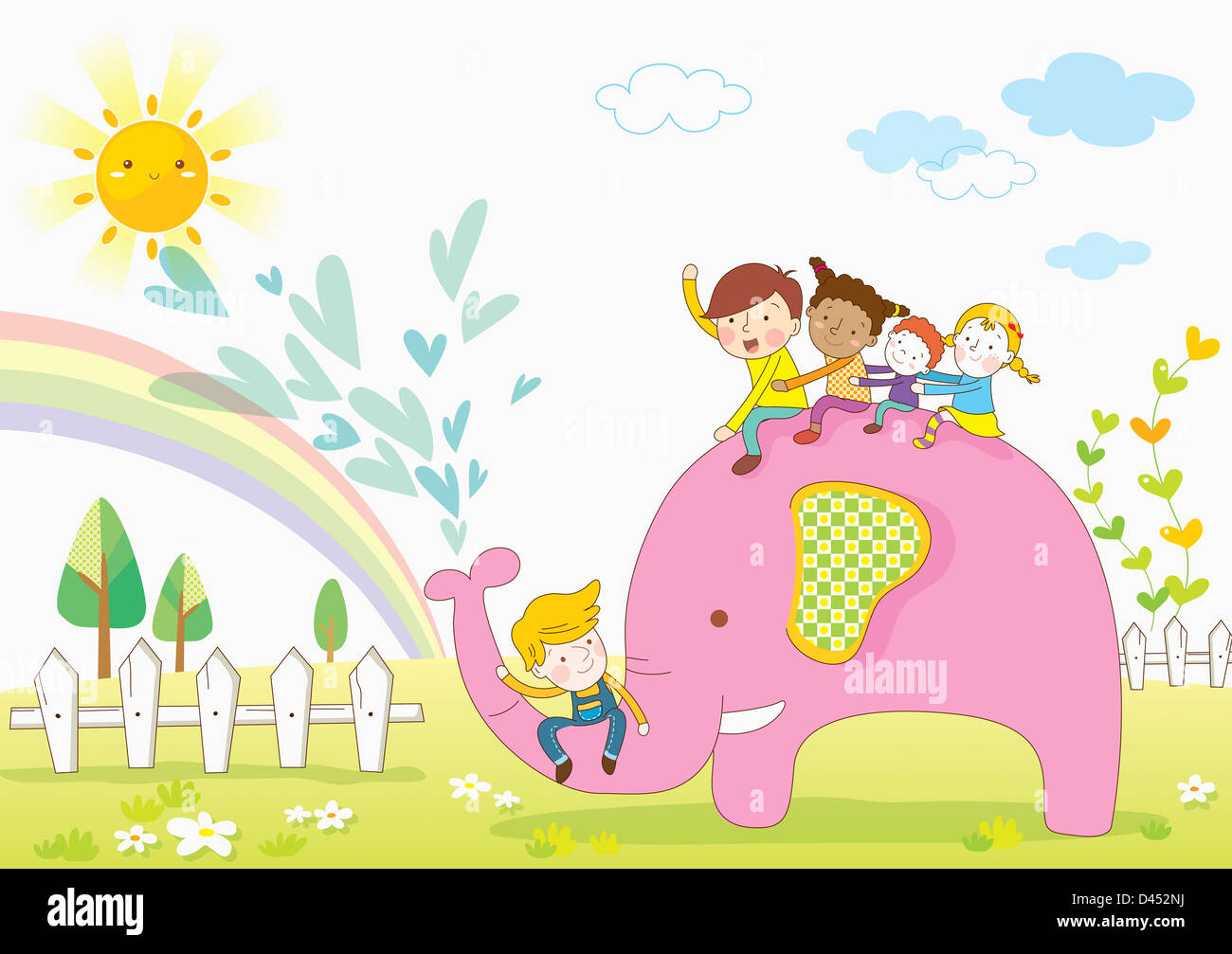 illustration of international kids riding an elephant Stock Photo - Alamy