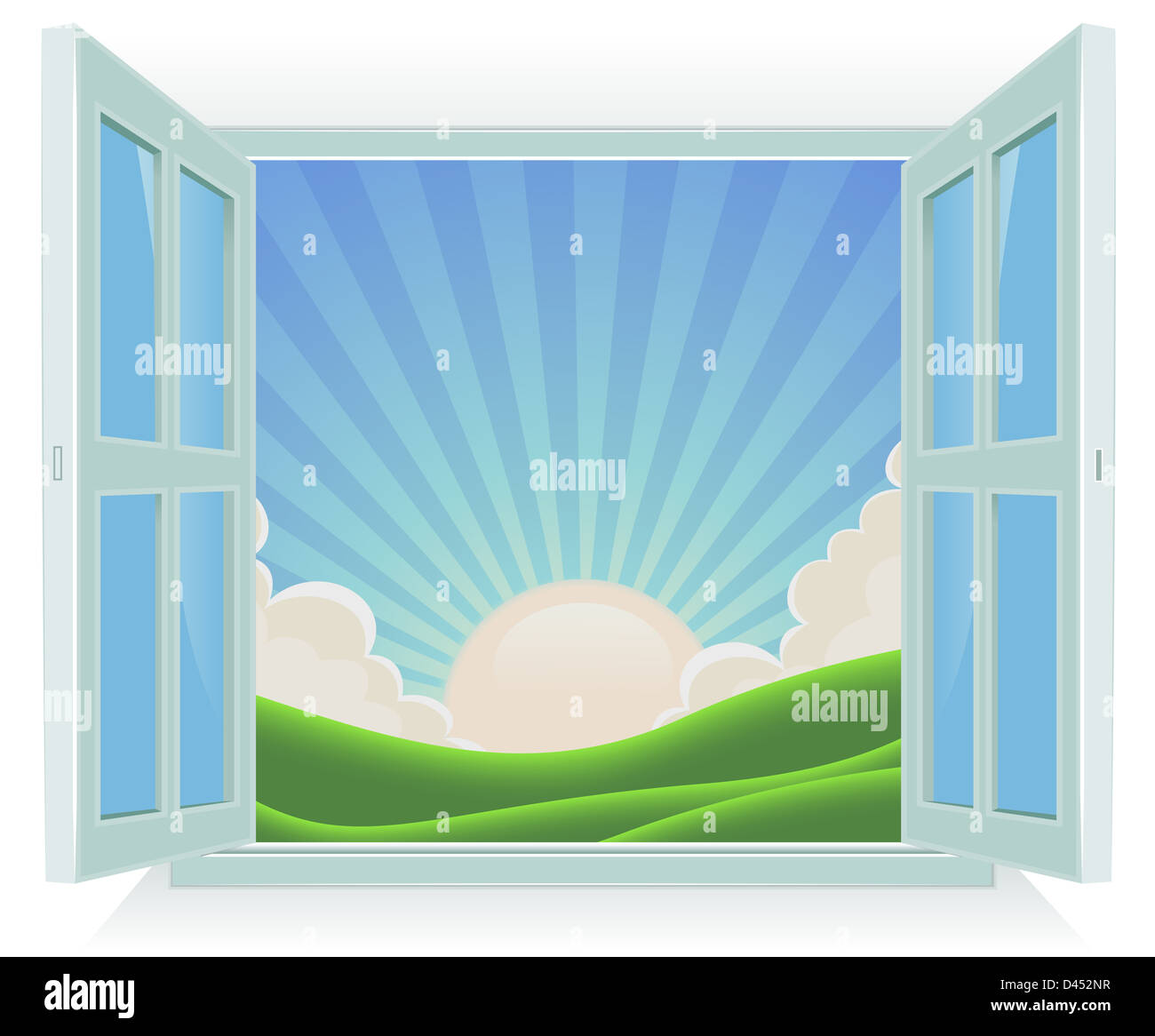 Illustration of spring or summer sunrise landscape viewed by an open ...