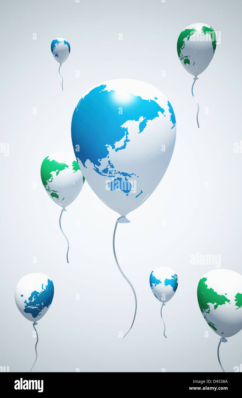 balloons with world map design floating in the air Stock Photo - Alamy