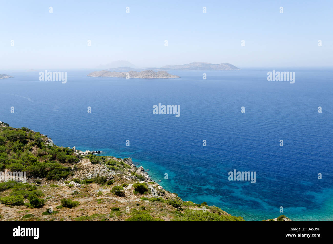 Rhodes. Greece. The blue waters of the Aegean Sea and the west coast of ...