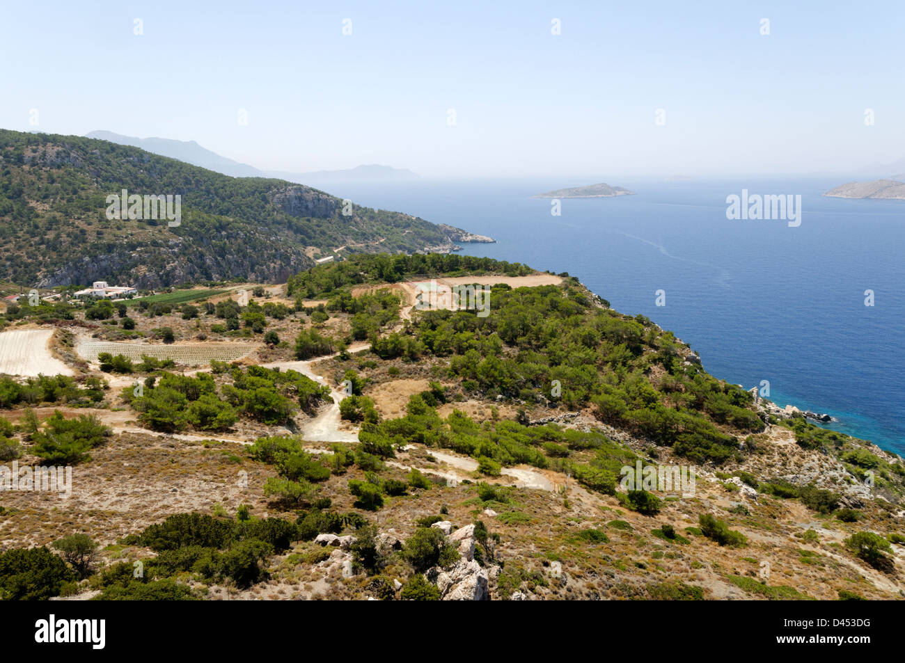 Rhodes. Greece. The blue waters of the Aegean Sea and the west coast of ...