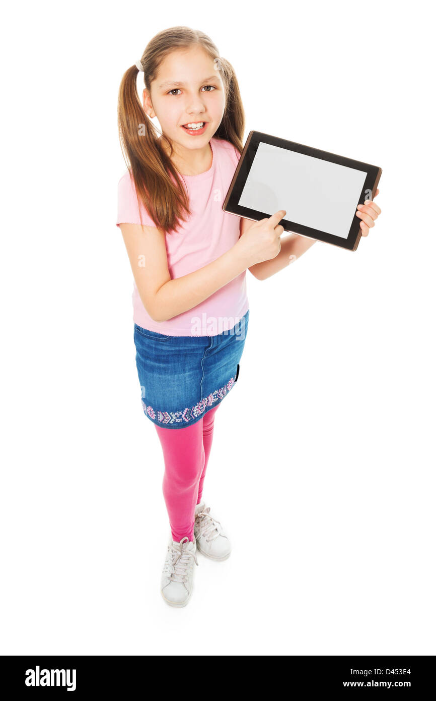 Happy and smiling Caucasian 11 years old girl showing content of tablet ...