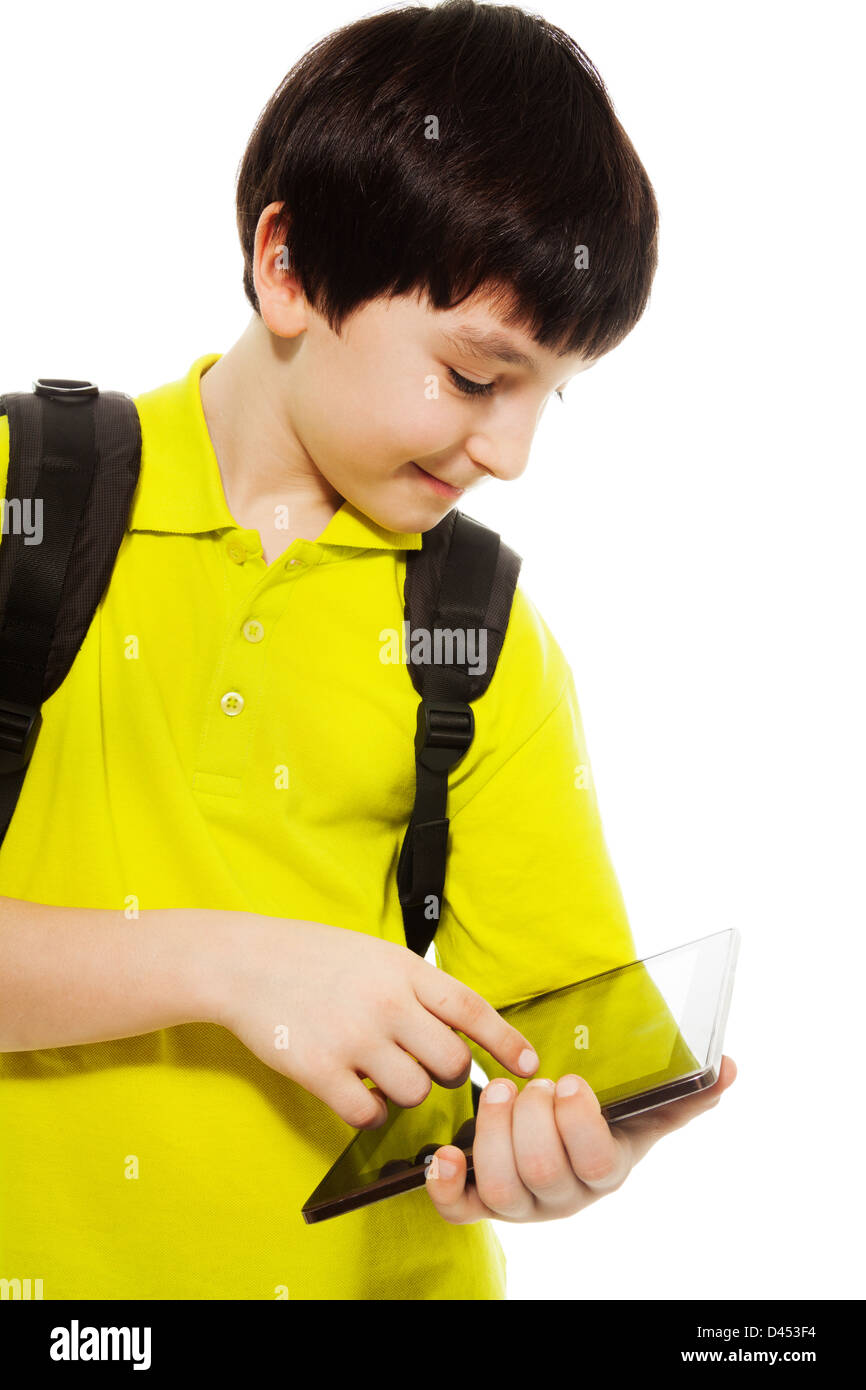 Smart boy showing new application on digital tablet computer, standing ...