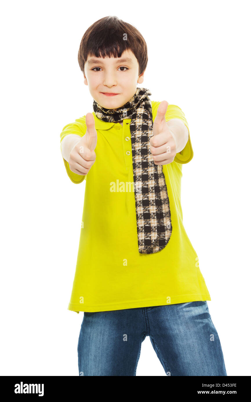 Cute 10 years old boy with thumbs up and smile, isolated on white Stock ...