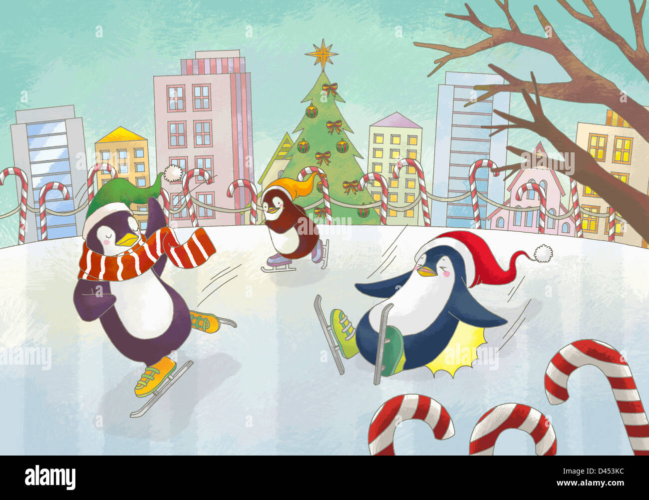 illustration of penguins ice skating in Christmas Stock Photo - Alamy