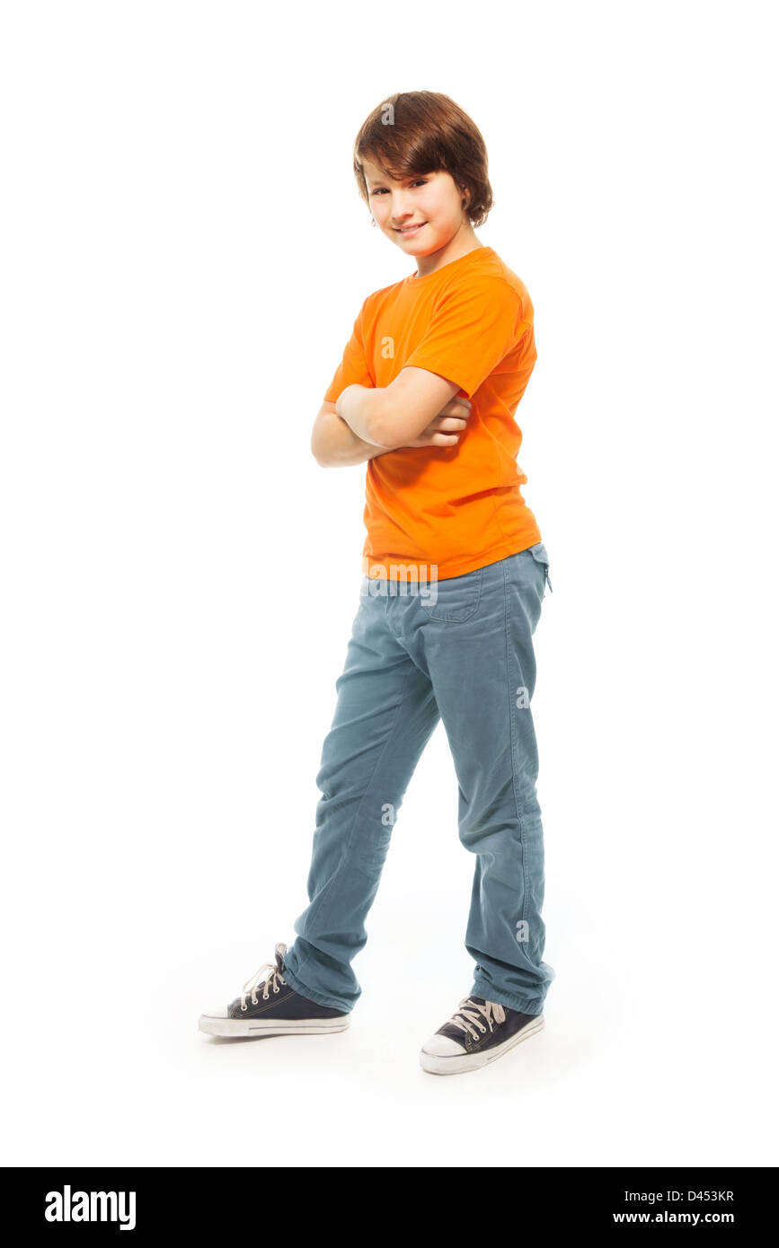 Cute 11 years old very confident boy isolated on white, full height ...