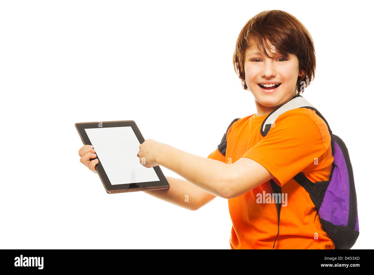 Smart Caucasian 11 years old boy showing new application on digital ...