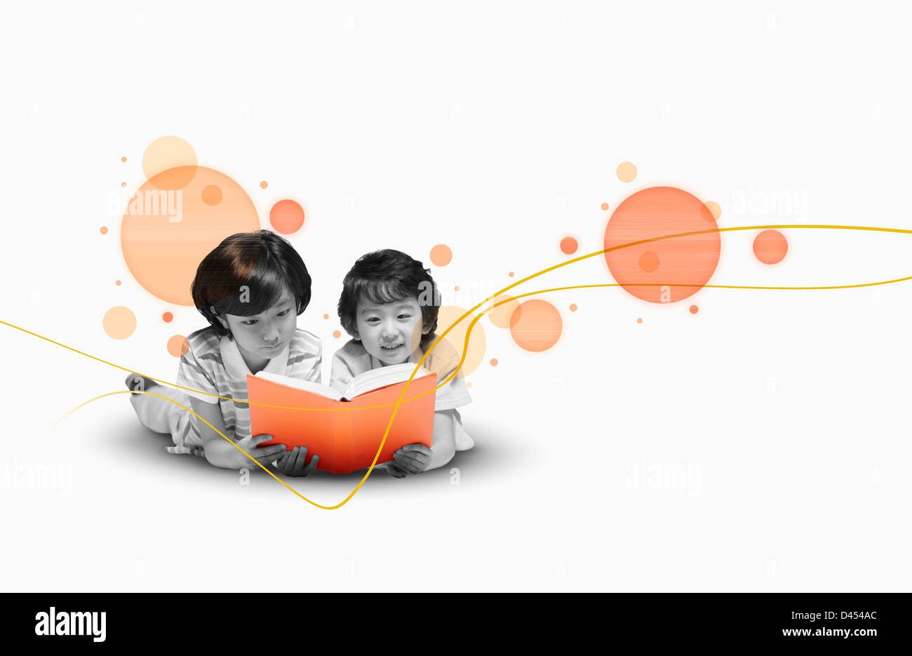 two kids reading a book together in white background with design Stock ...