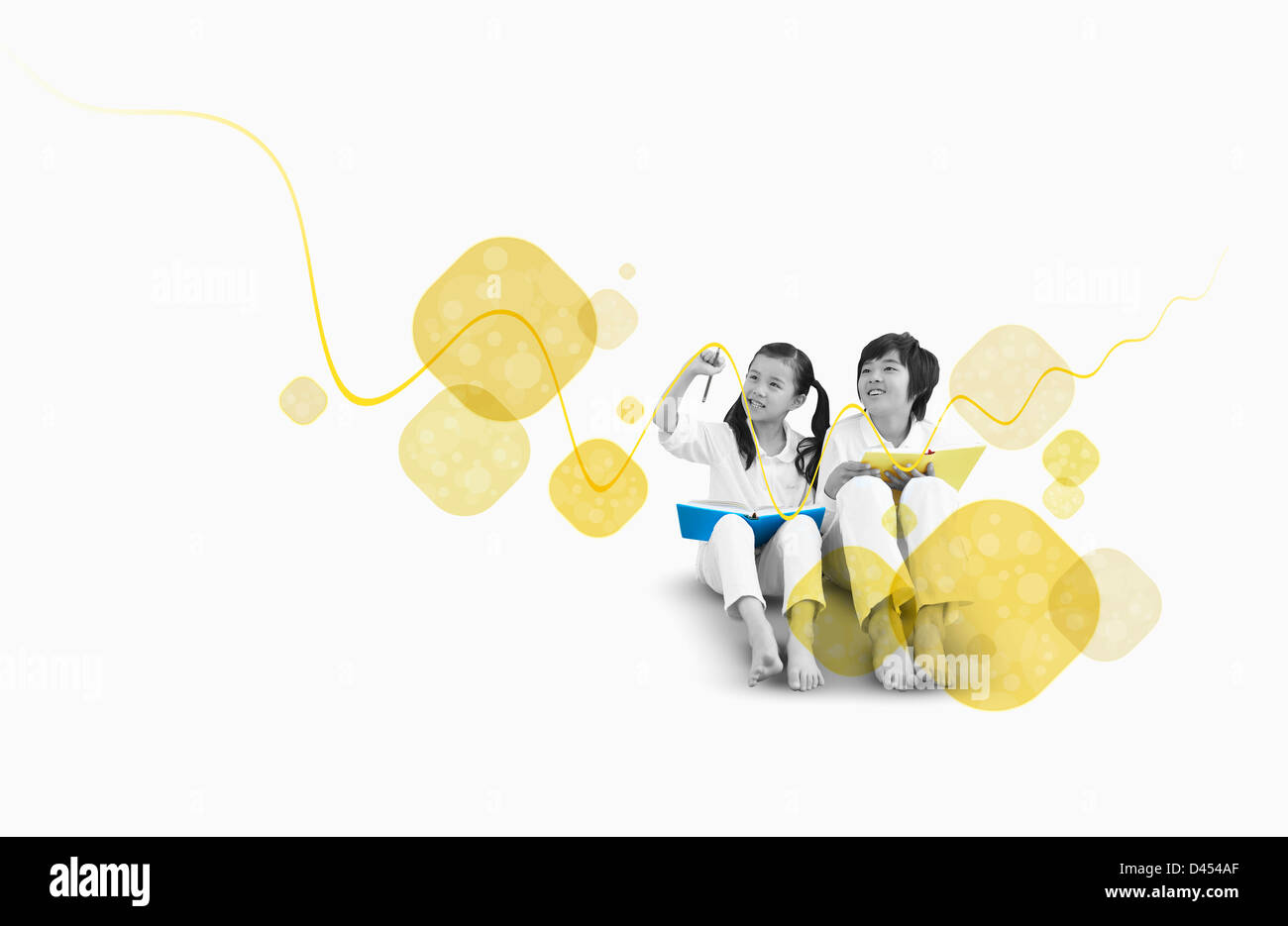 a boy and a girl reading books in white background with design Stock ...