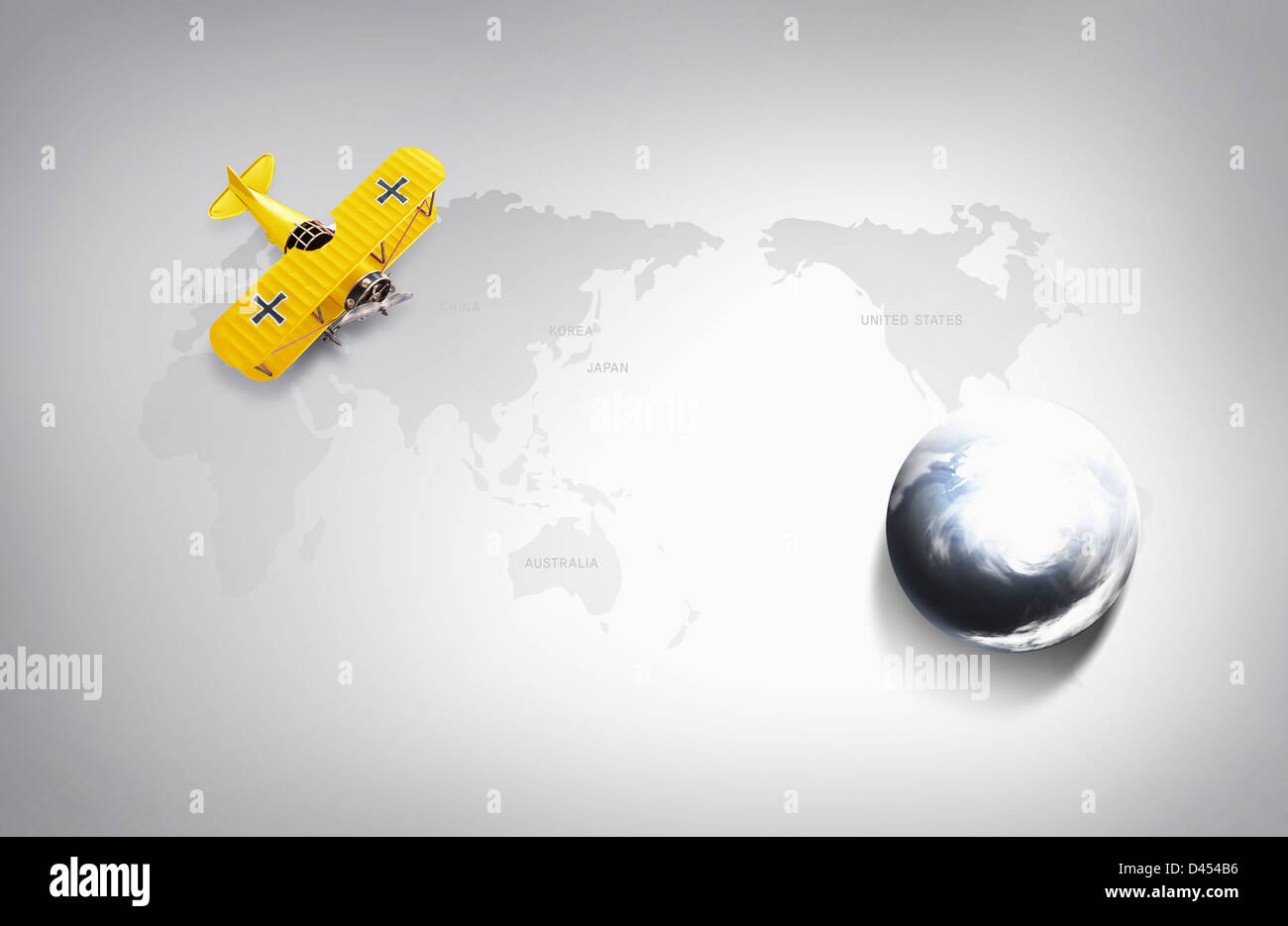 illustration of an airplane and earth on top of a world map Stock Photo ...