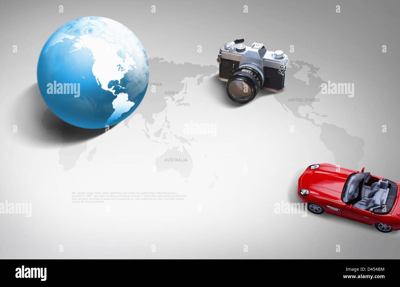 illustration of an car, camera and earth on a world map Stock Photo - Alamy
