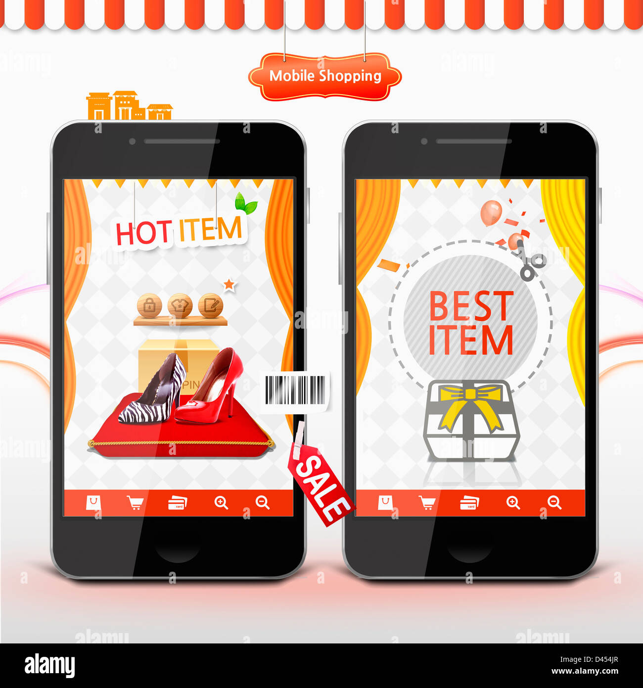 illustration of hot and best items on mobile shopping screen Stock ...