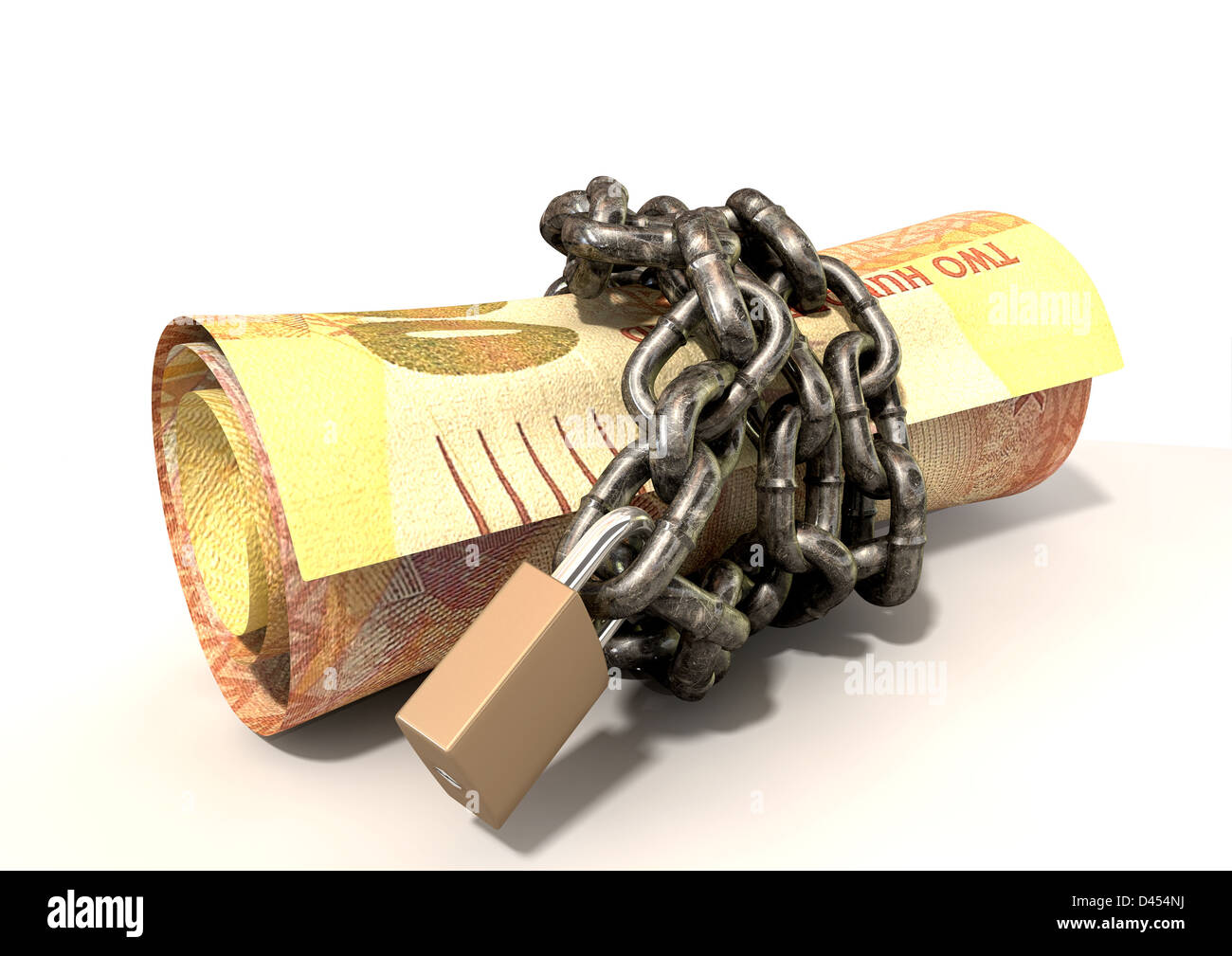 A rolled up two hundred rand note wrapped with chains and secured with ...