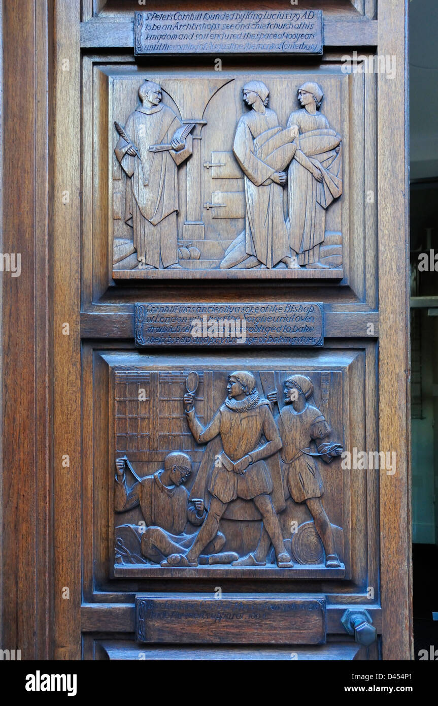 London, England, UK. Cornhill House at 32 Cornhill. Carved wooden door ...