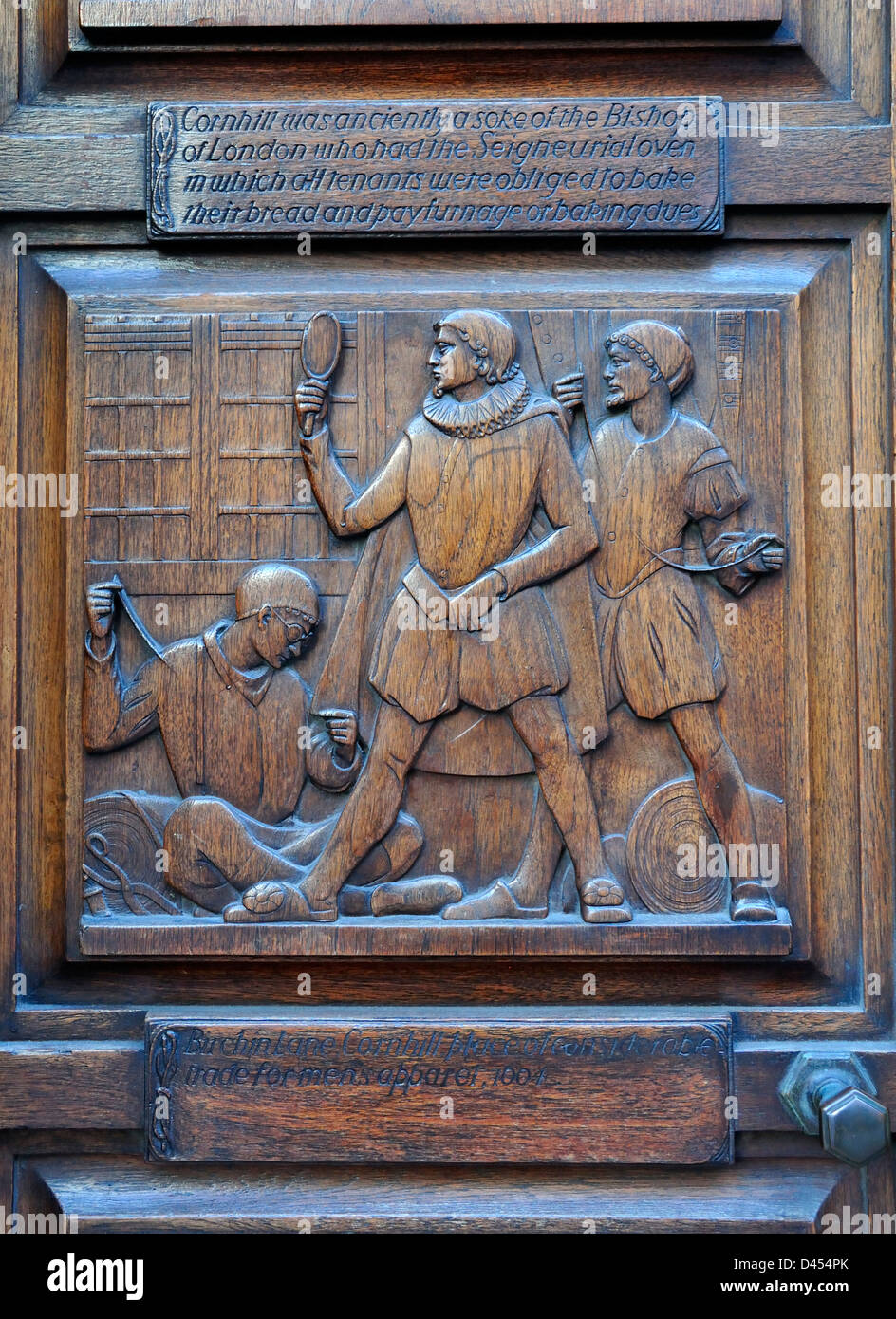London, England, UK. Cornhill House at 32 Cornhill. Carved wooden door ...