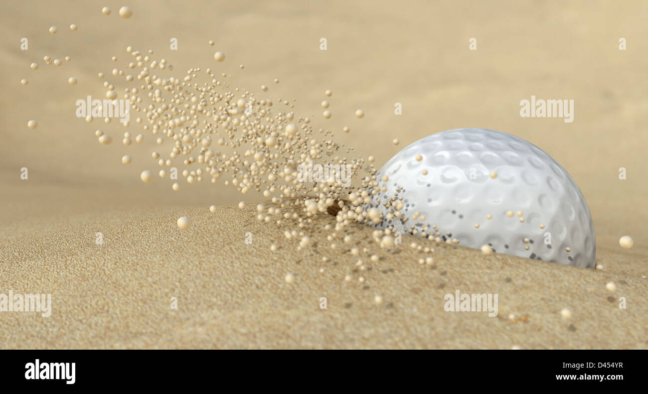 An extreme close up of a golf ball hitting the sand in a bunker and ...