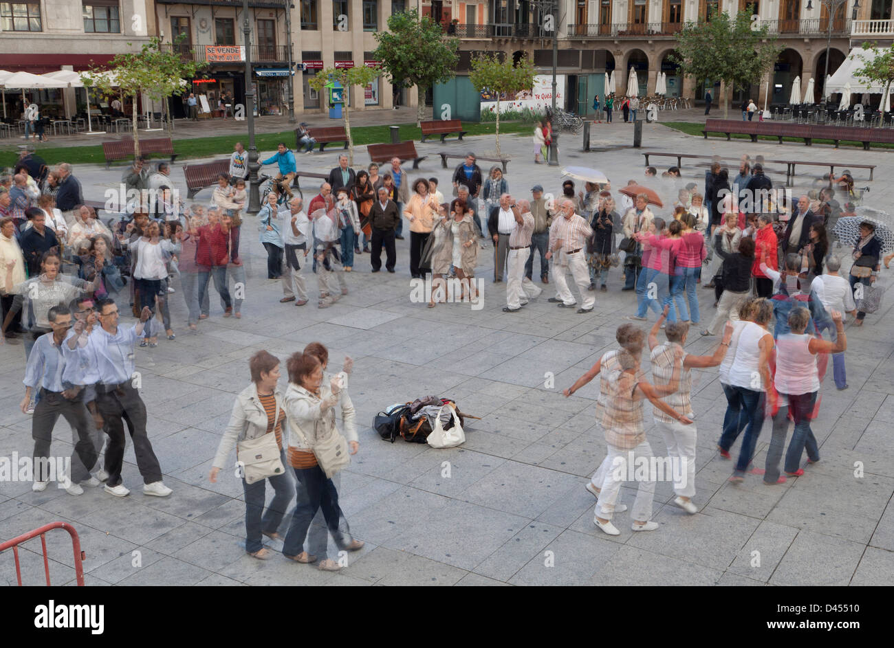 Basque Dancers dance in the Plaza Mayor in the evening celebration. A ...