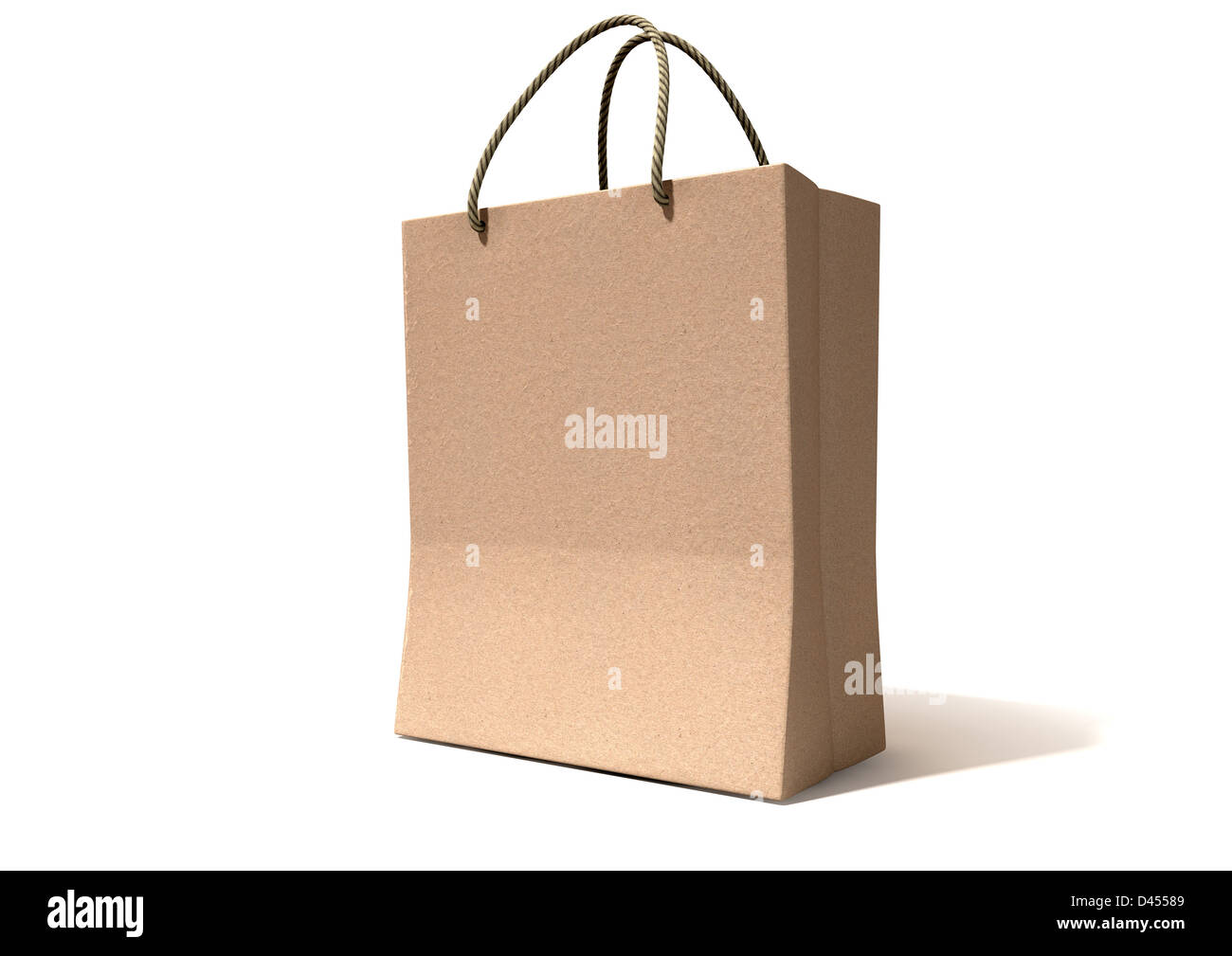 A perspective view of a regular paper shopping bag with rope handles on ...