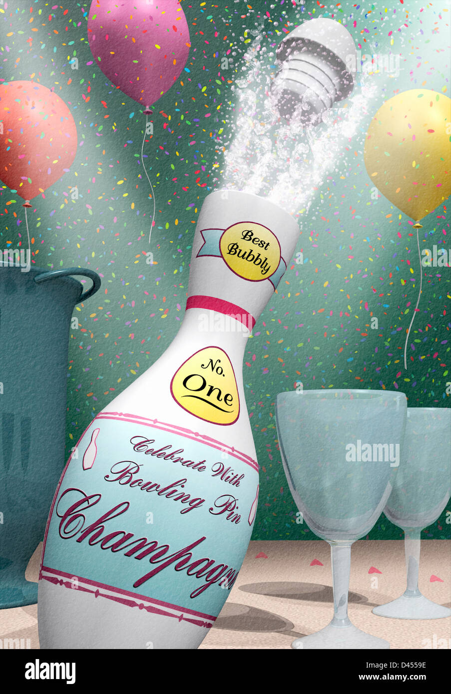 Stop action illustration of a bowling pin champagne bottle shooting ...