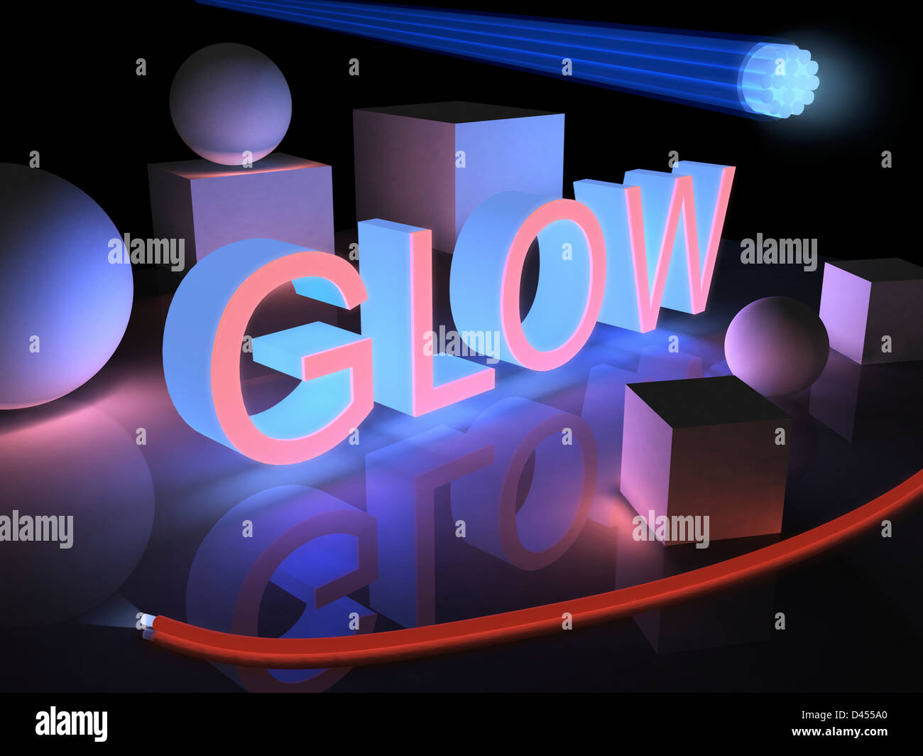 Unusual illustration of fiber optic cables, "GLOW" text, spheres, and ...