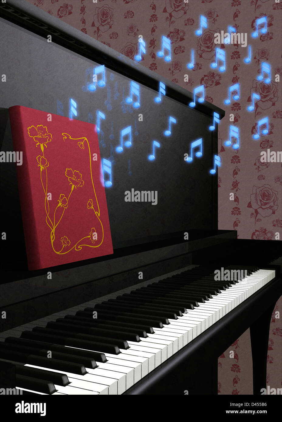 Illustration of a piano with music book that is releasing beautiful ...