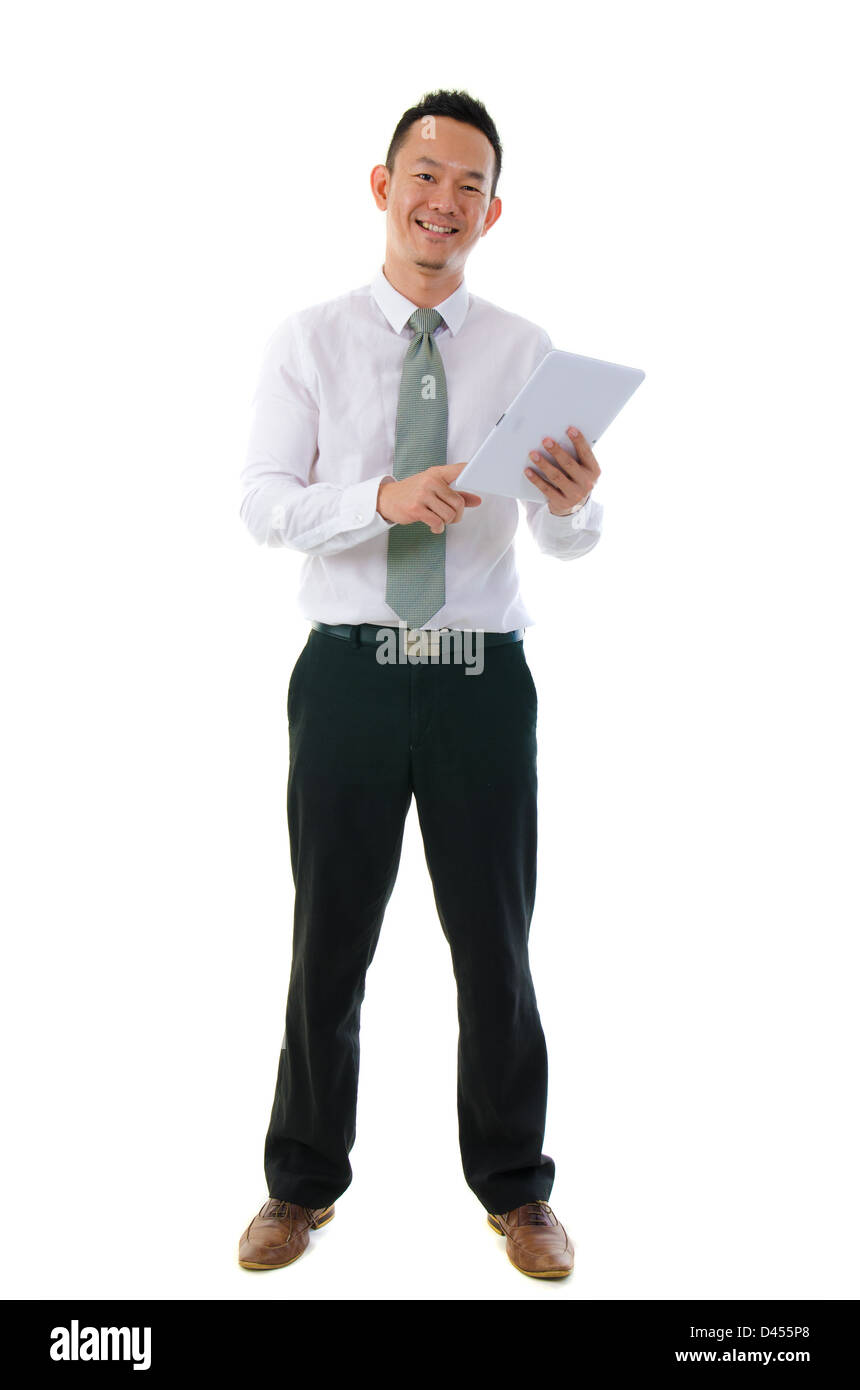 chinese holding a digital touch screen tablet computer on white ...