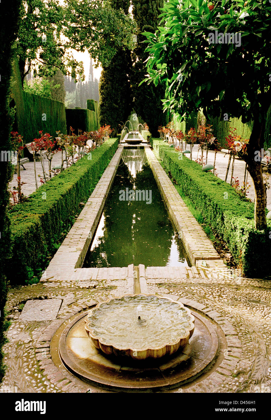 Water features in the garden of the Moorish palace fortress of Alhambra ...