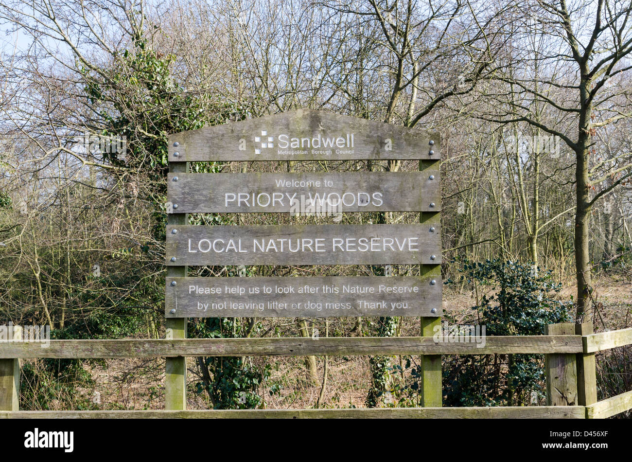 Wooden sign at entrance to Priory Woods Local Nature Reserve in ...