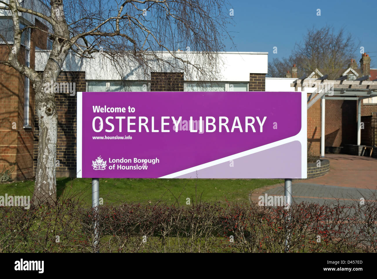 welcome to osterley library sign, with the library to the rear ...