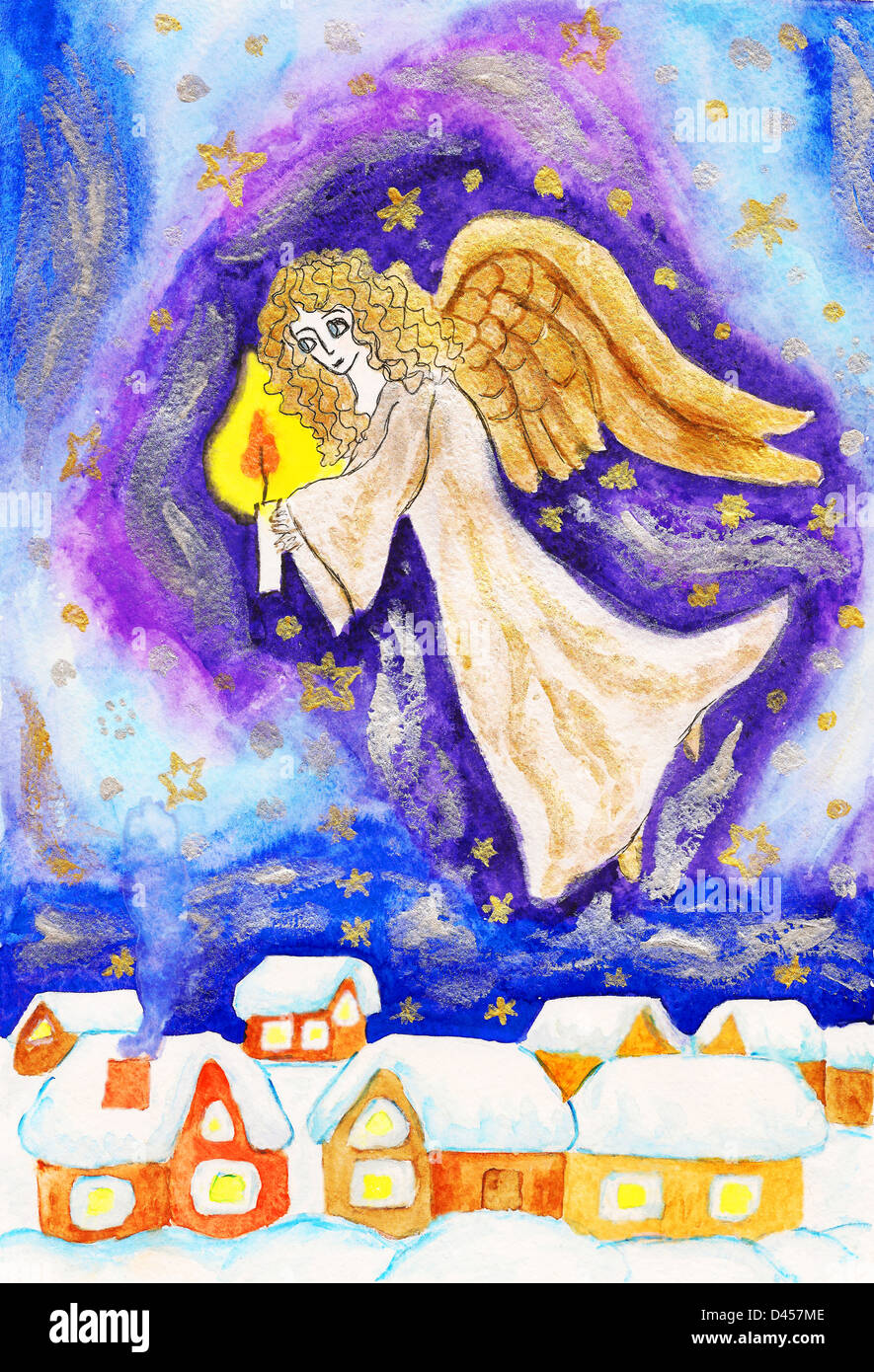 Hand painted Christmas picture, angel with candle, watercolours, golden ...